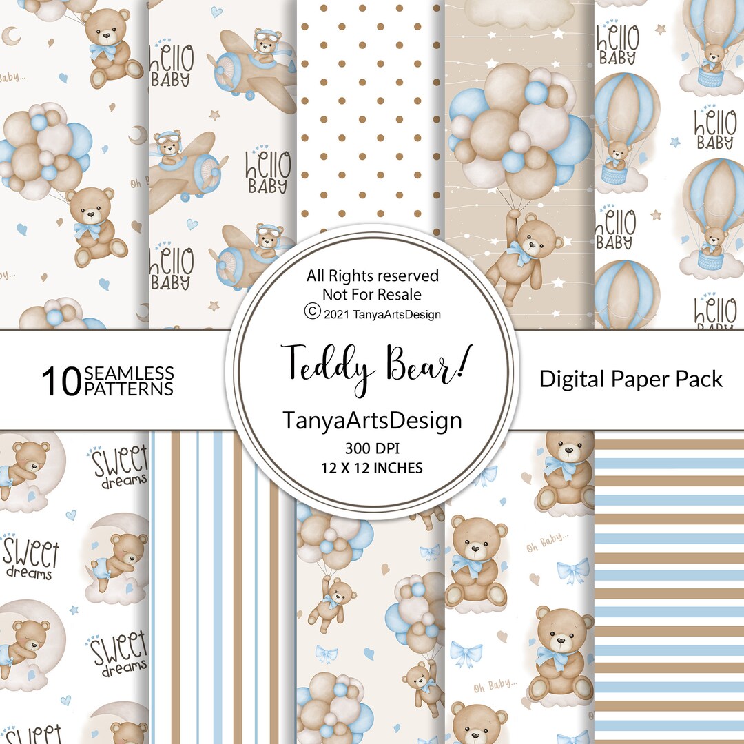 Blue Teddy Bear Digital Paper, Watercolor Teddy Bear Seamless, Nursery ...