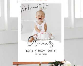 Editable Minimalist First Birthday Welcome Sign, Modern Photo Birthday ...