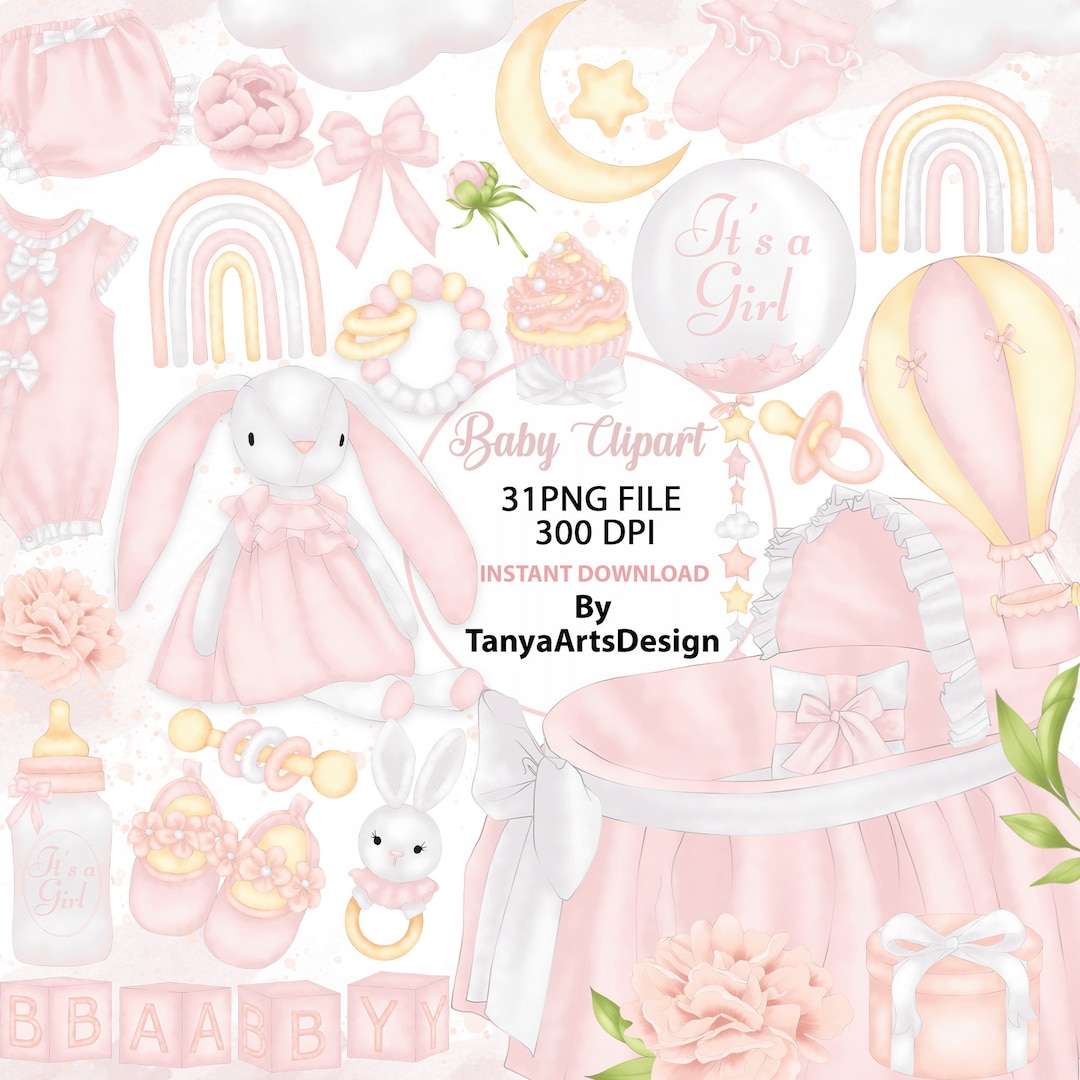 Oh Baby Girl Clipart, Pink Baby Girl Clipart, Watercolor Baby Shower ...