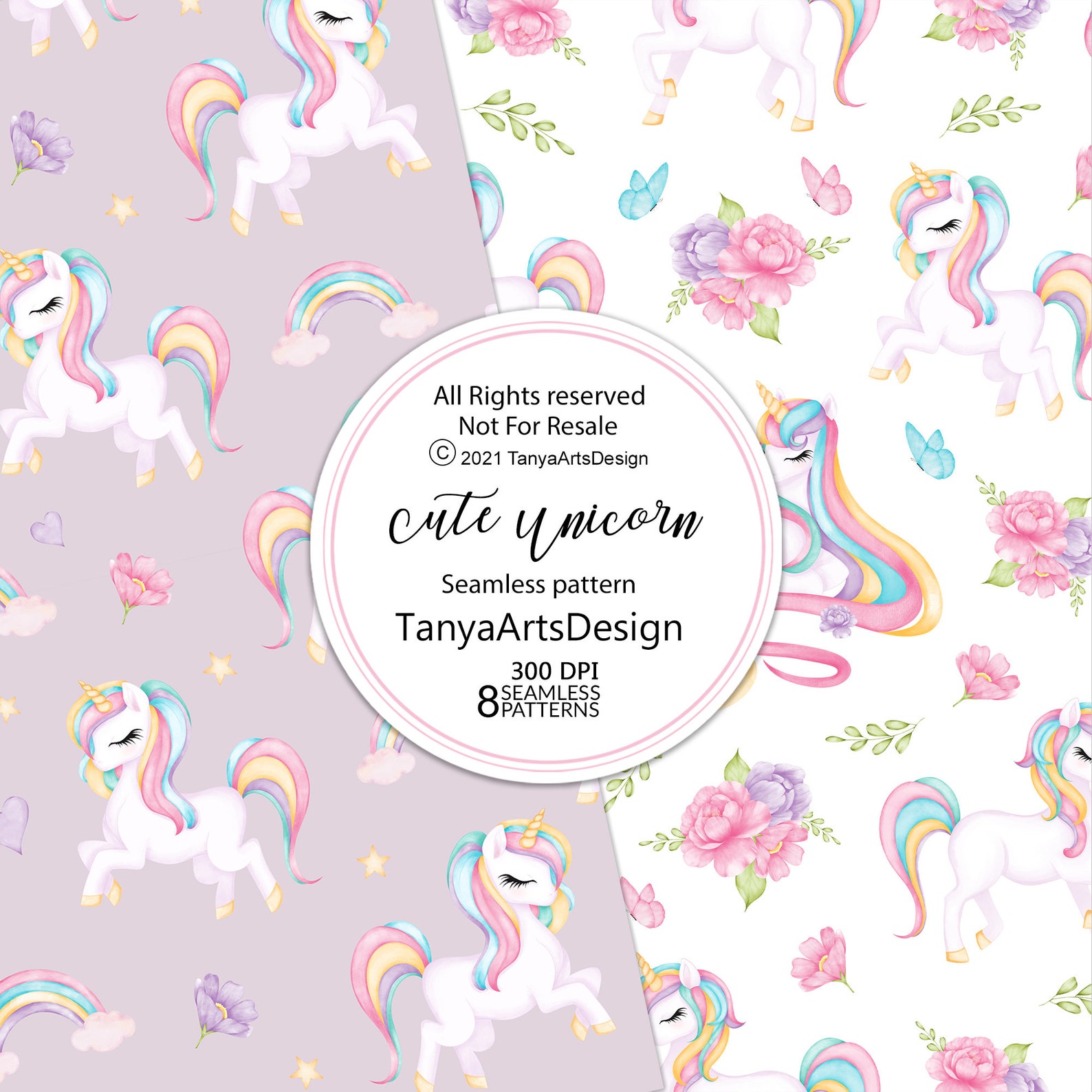 Unicorn Digital Paper, Watercolor Unicorn Seamless, Pastel Baby Paper ...