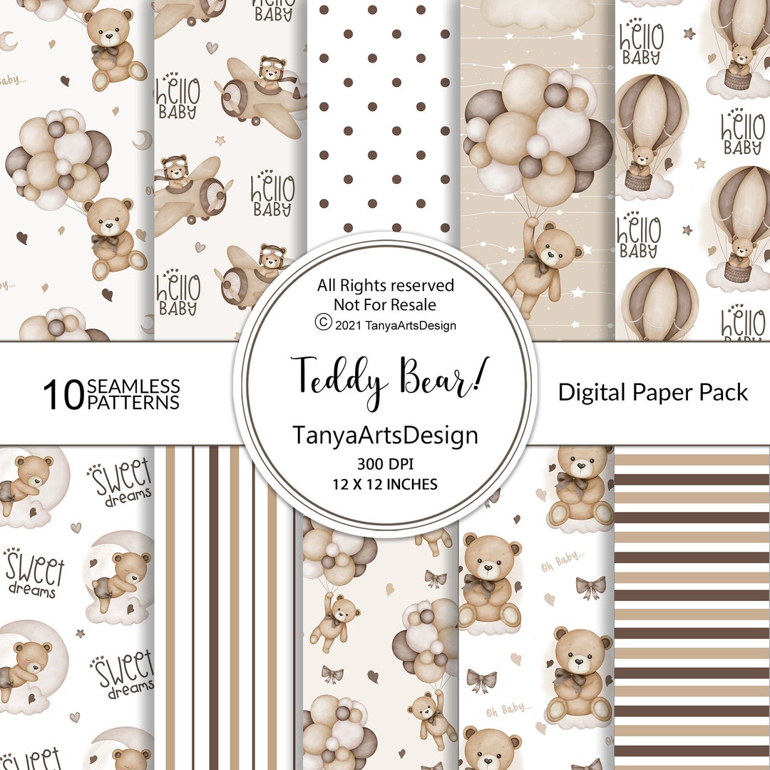 Boho Teddy Bear Digital Paper, Watercolor Teddy Bear Seamless, Nursery ...