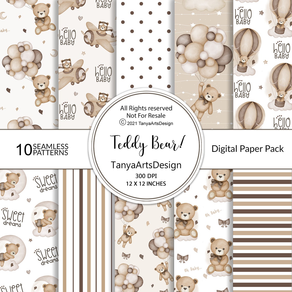 Boho Teddy Bear Digital Paper, Watercolor Teddy Bear Seamless, Nursery ...