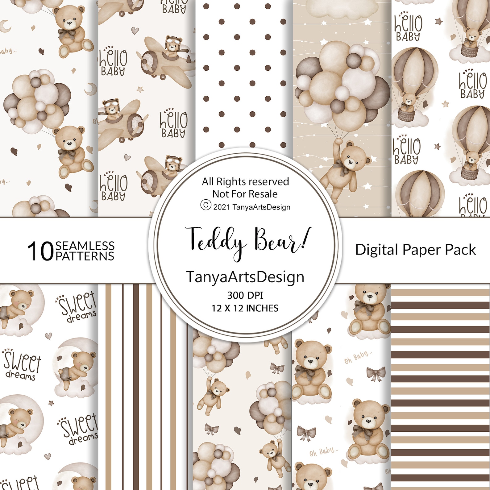 Boho Teddy Bear Digital Paper, Watercolor Teddy Bear Seamless, Nursery ...