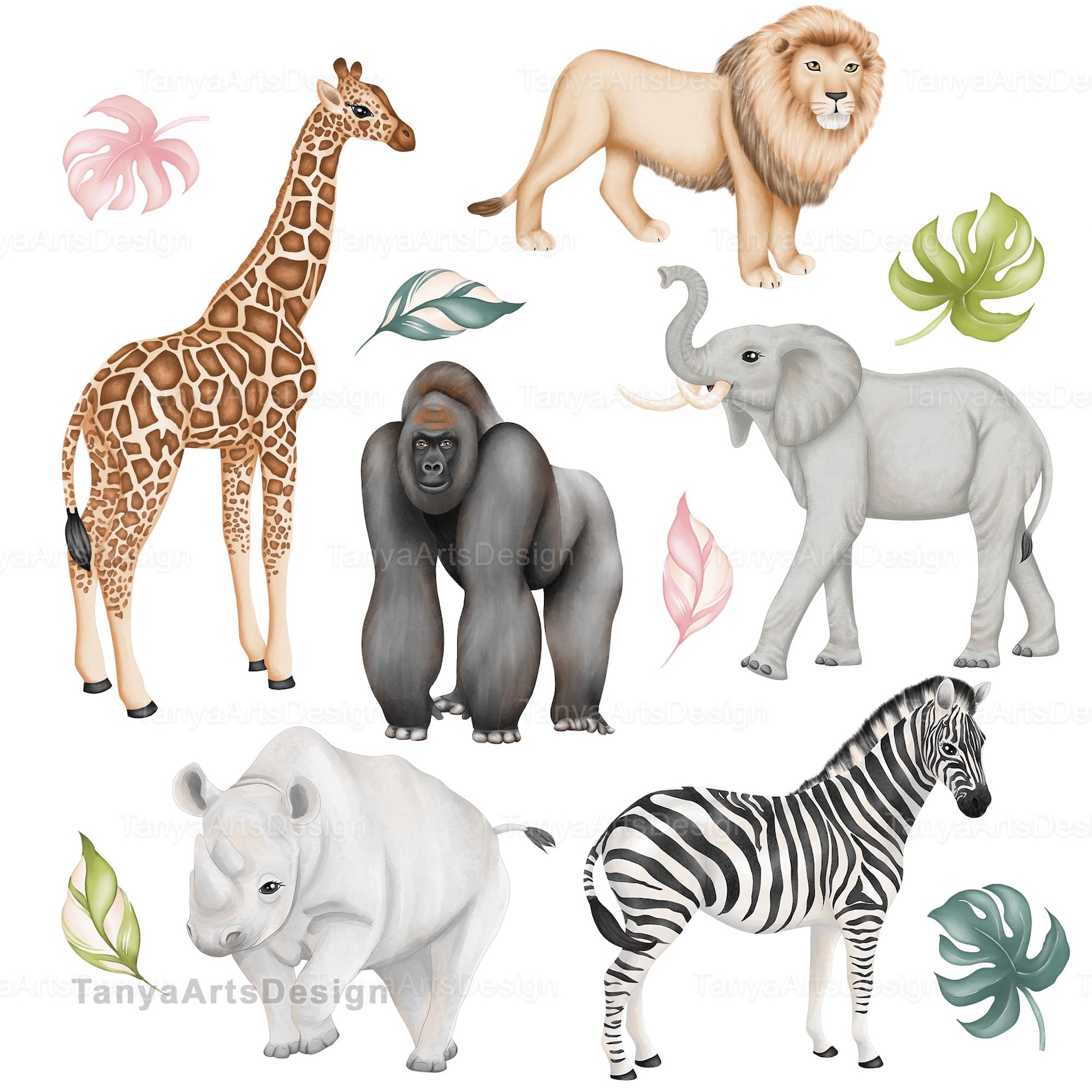 Jungle Safari Animals Clipart With Pastel Party Hats, Watercolor Zoo ...