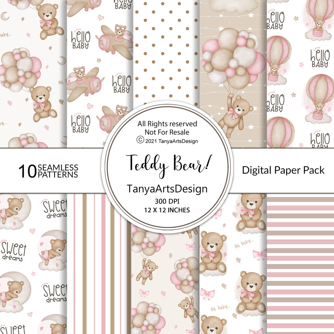 Pink Teddy Bear Digital Paper, Watercolor Teddy Bear Seamless, Nursery ...