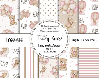 Pink Teddy Bear Theme, Seamless Digital Paper - Etsy