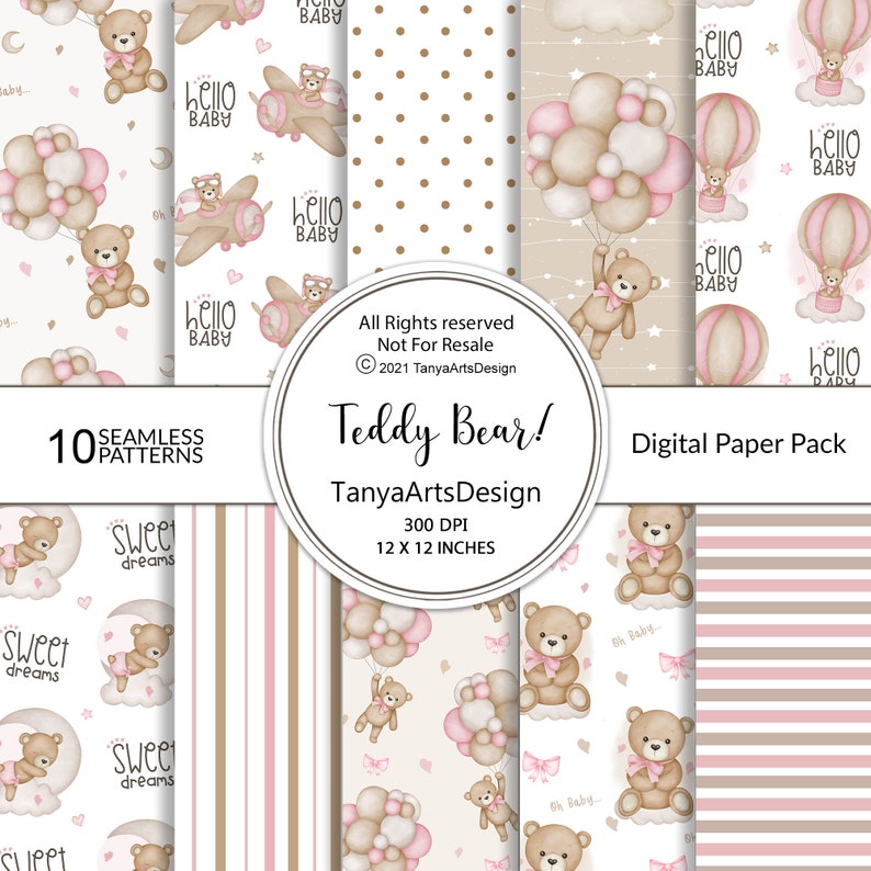 Pink Teddy Bear Digital Paper Watercolor Teddy Bear Seamless - Etsy