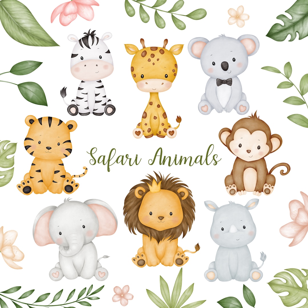 Watercolor Safari Animals Clipart, Cute Baby Safari Animals Clipart PNG ...