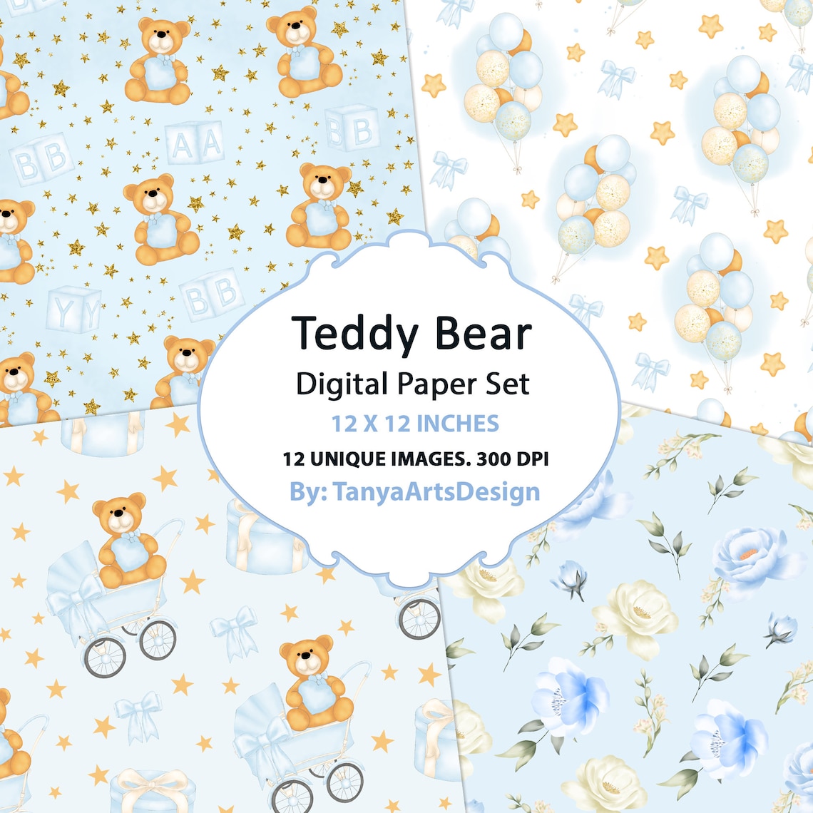 Teddy Bear Digital Paper Set Baby Boy Digital Paper Baby - Etsy