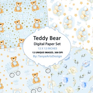 Teddy Bear Digital Paper Set, Baby Boy Digital Paper, Baby Shower Boy ...