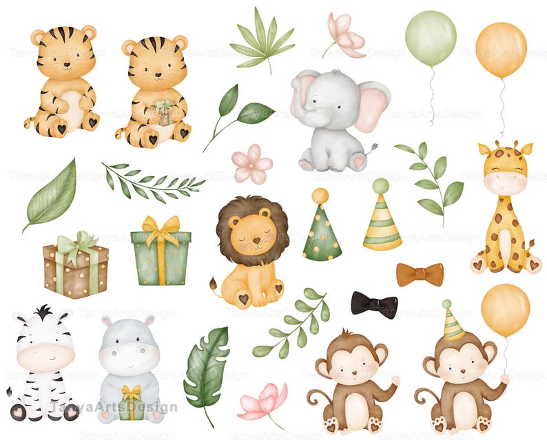 Cute Jungle Safari Animals Clipart, Wild One Birthday Animals With Hats ...