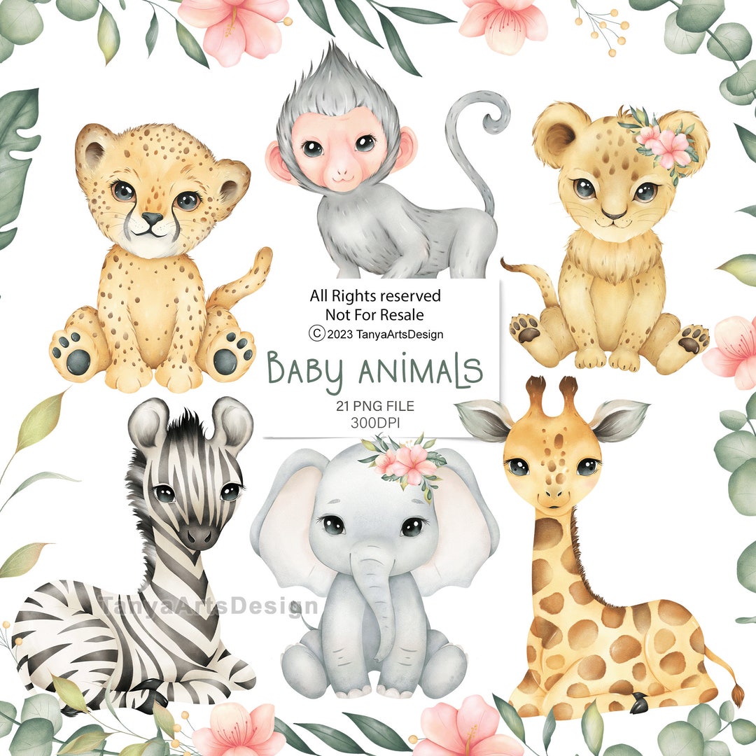 Watercolor Jungle Animals, Cute Baby Animals Clipart, Safari Animals ...
