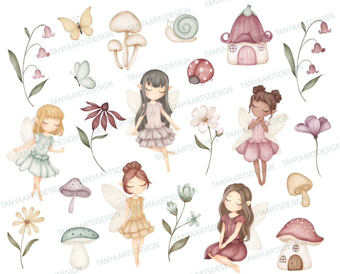 Fairy Garden Watercolor Clipart Cute Watercolor Fairy - Etsy