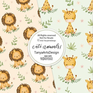 Watercolor Safari Animals Digital Paper, Cute Baby Safari Animals ...