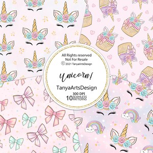 Unicorn Digital Paper, Rainbow Seamless Patterns, Unicorn Head Digital ...
