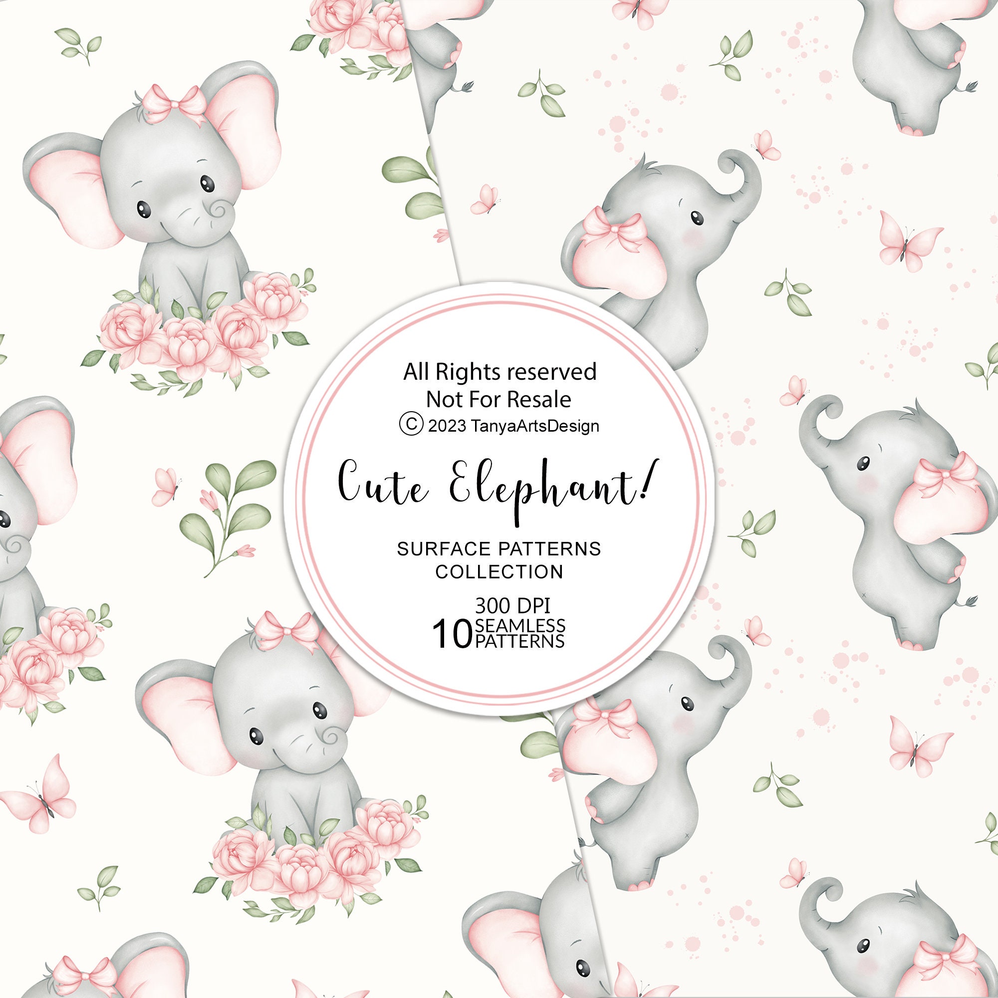 Watercolor Pink Elephant Digital Paper, Seamless Nursery Patterns ...