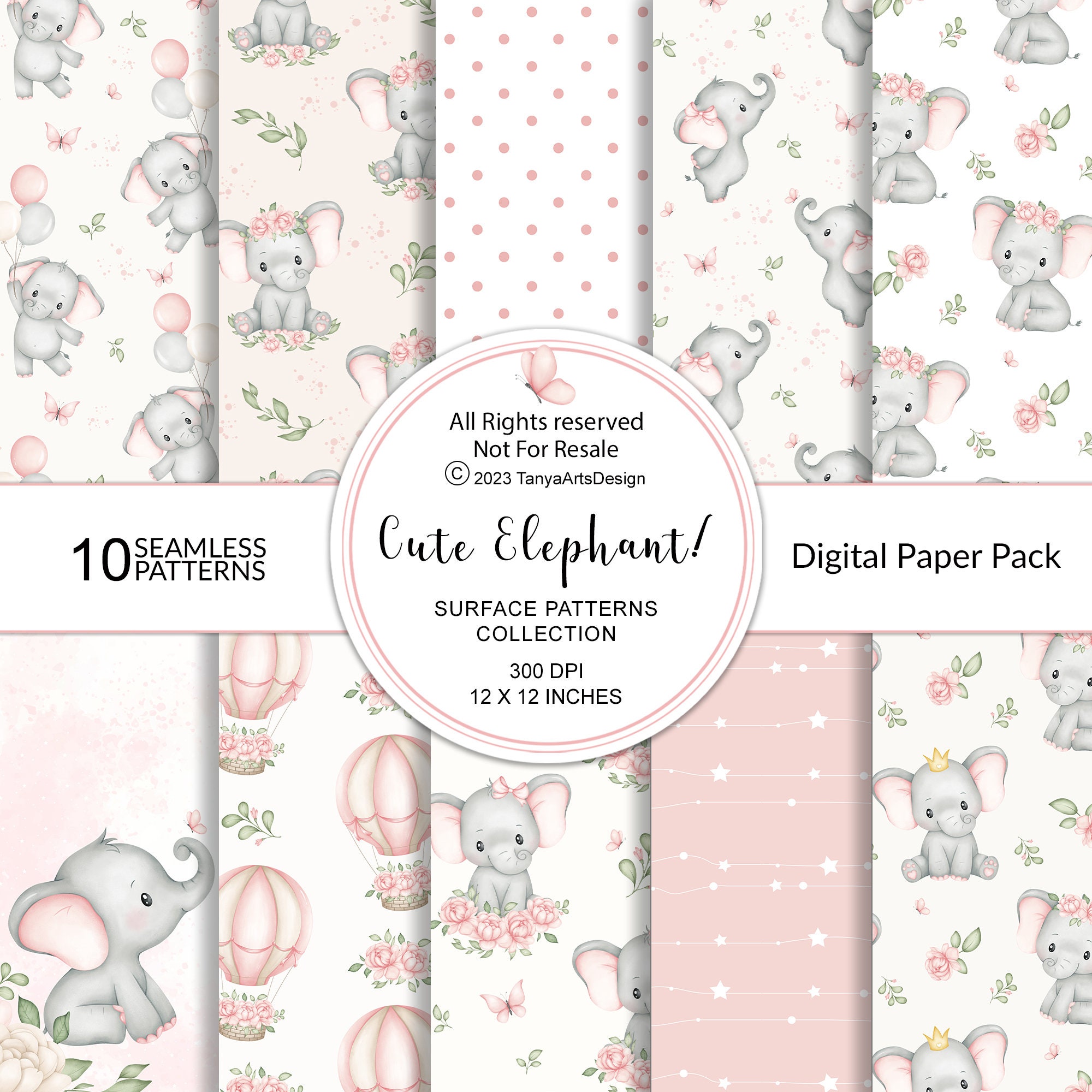 Watercolor Pink Elephant Digital Paper, Seamless Nursery Patterns ...