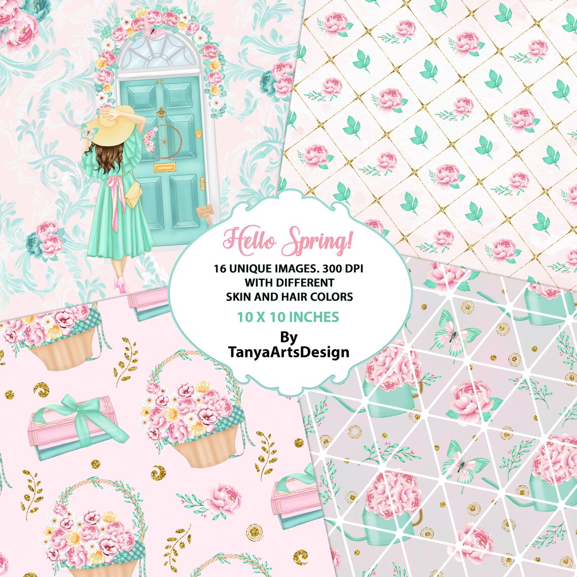 Spring digital paper hello spring digital pack Easter | Etsy