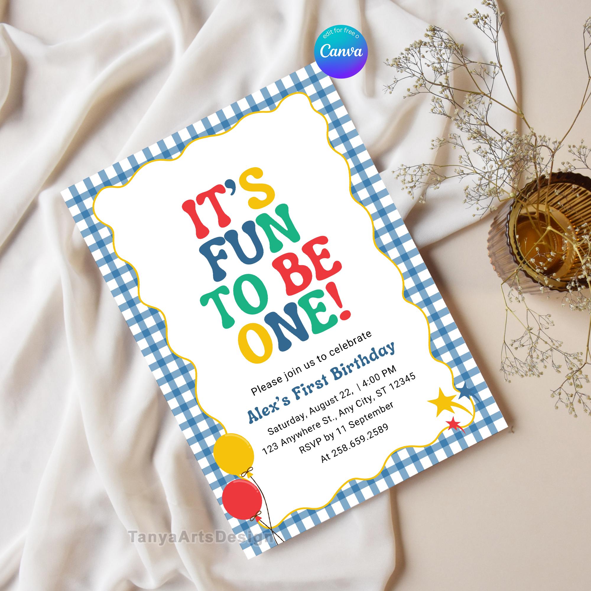 Editable First Boy Birthday Invitation, Colourful Party Decor, Playful ...