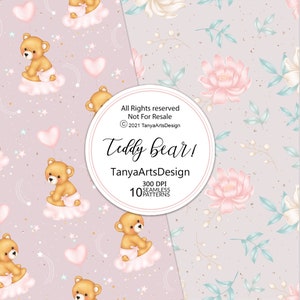 Teddy Bear Digital Paper Set, Baby Girl Digital Paper, Baby Shower Girl ...