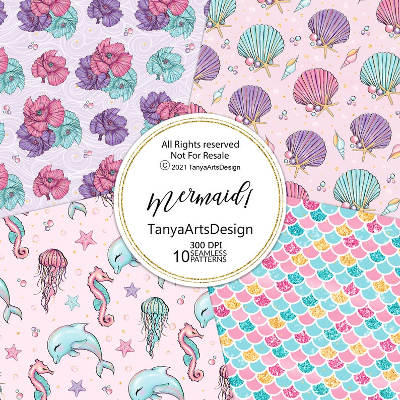 Mermaid Digital Paper Mermaid Seamless Patterns Sea Animals - Etsy