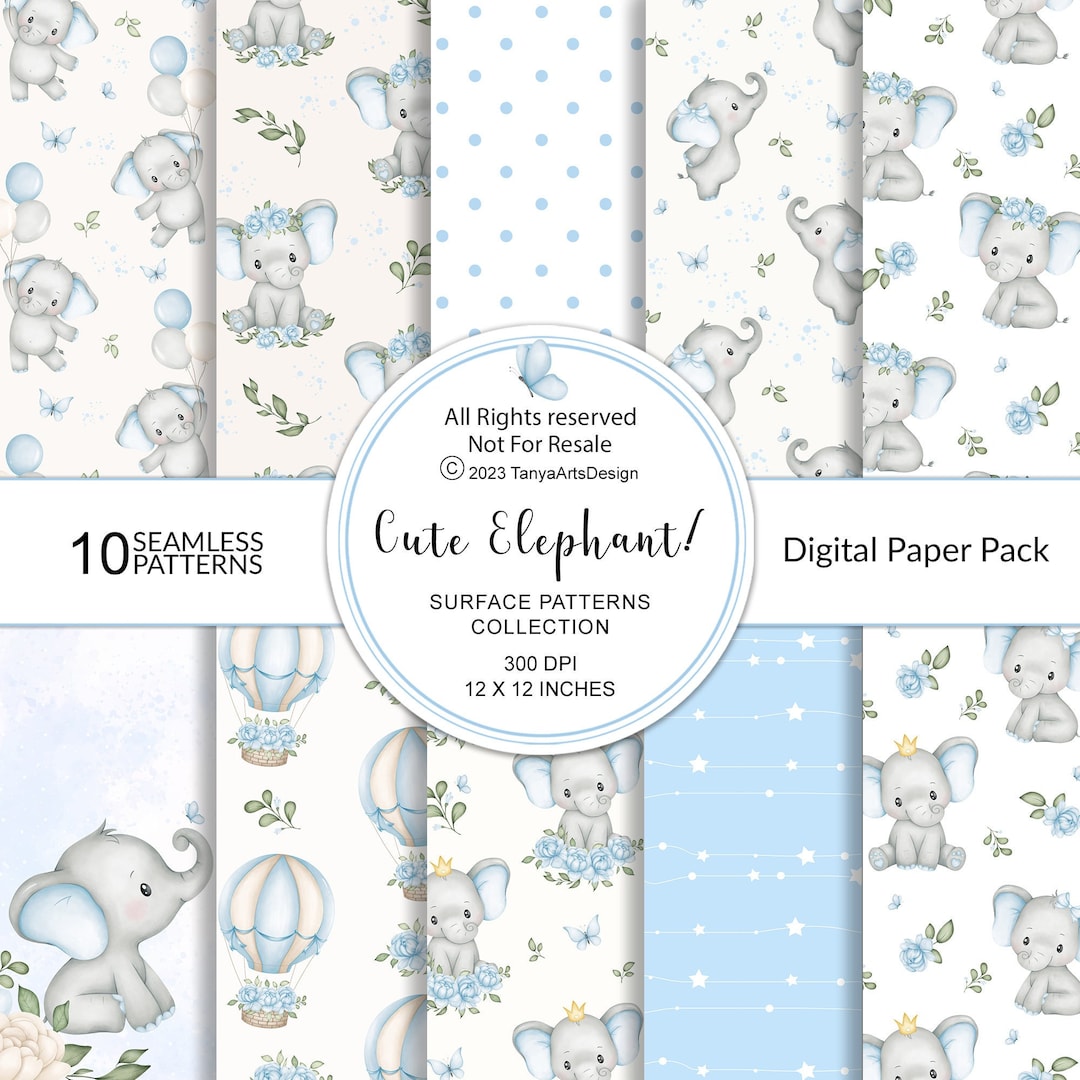 Blue Elephant Digital Paper, Watercolor Elephant Seamless, Nursery Baby ...