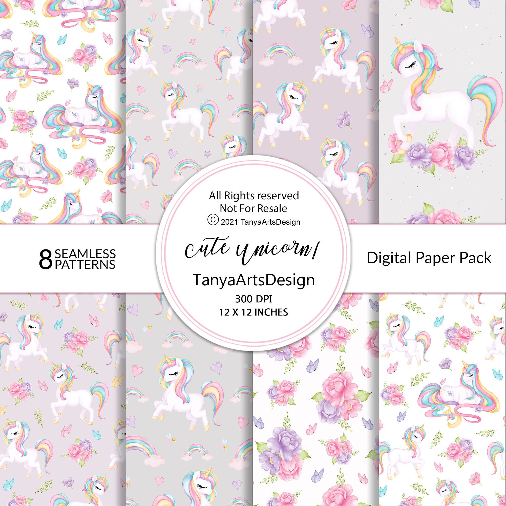 Unicorn Digital Paper, Watercolor Unicorn Seamless, Pastel Baby Paper ...