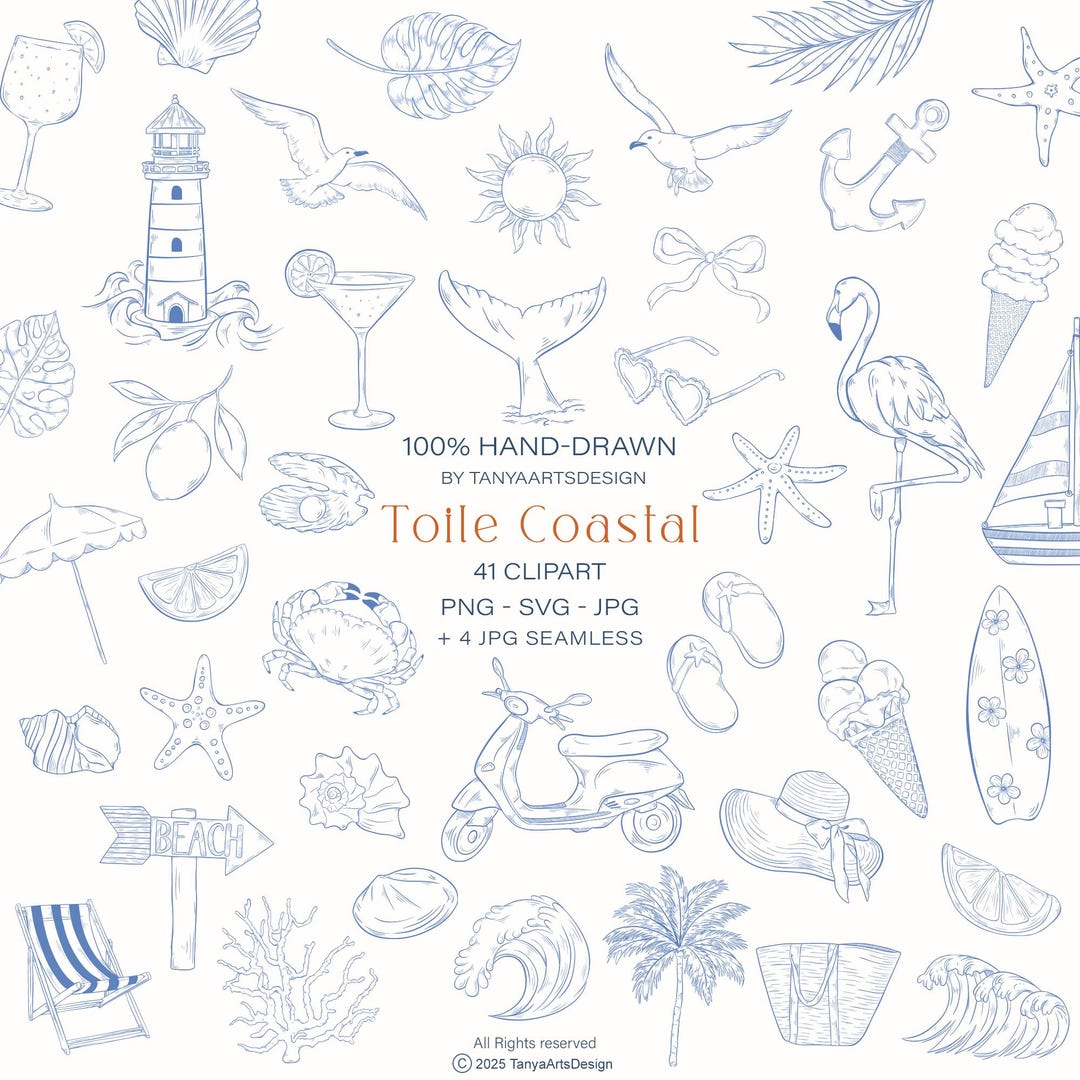Coastal Toile De Jouy Style SVG Clipart, Vintage Beach House Decor ...