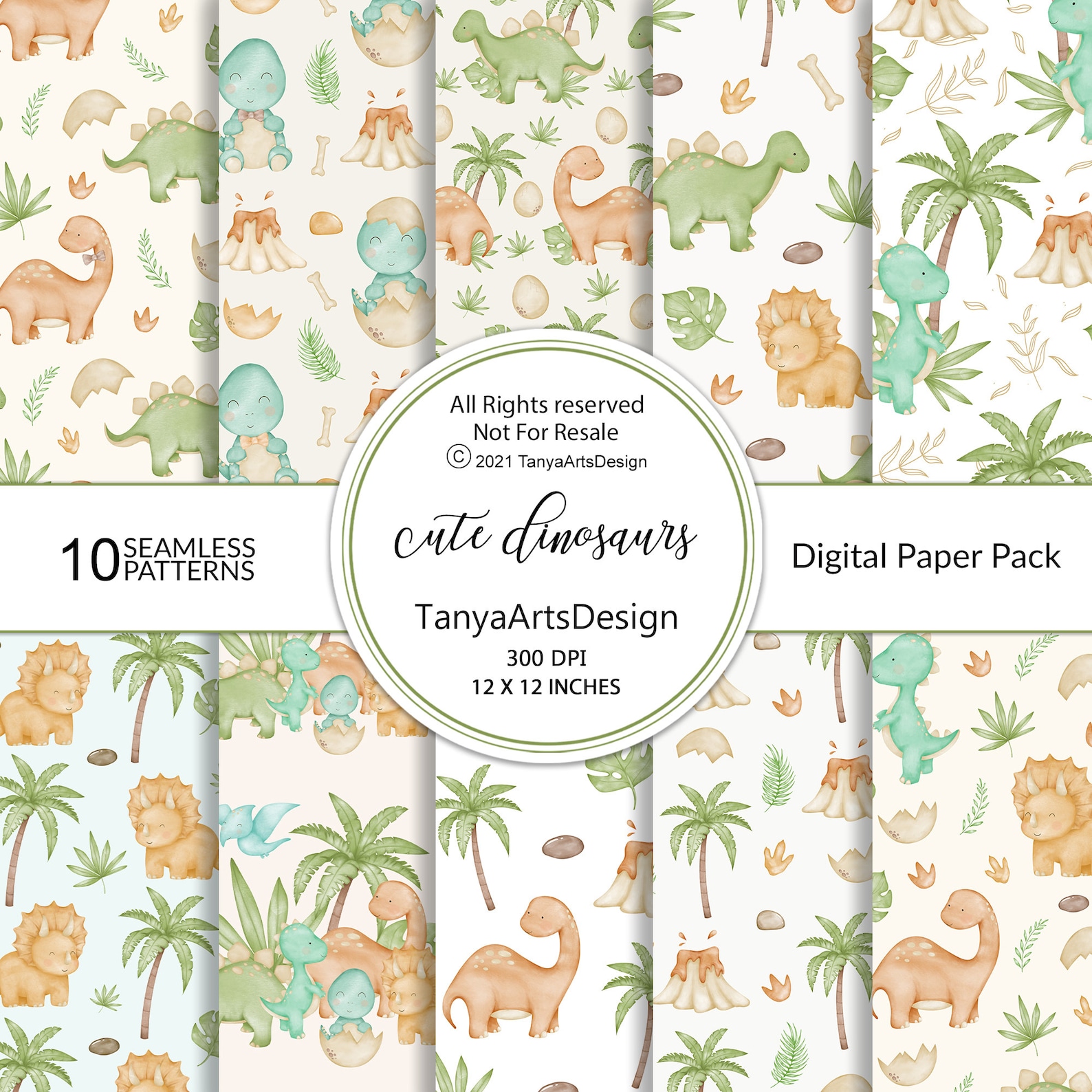 Watercolor Dinosaurs Digital Paper Set Dinosaur Boho | Etsy