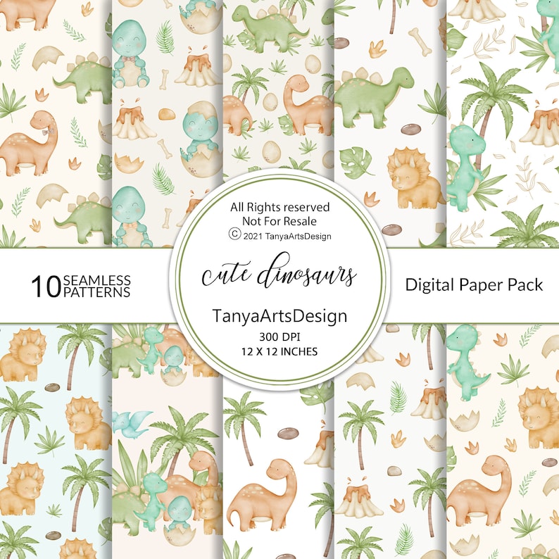 Watercolor Dinosaurs Digital Paper Set Dinosaur Boho | Etsy