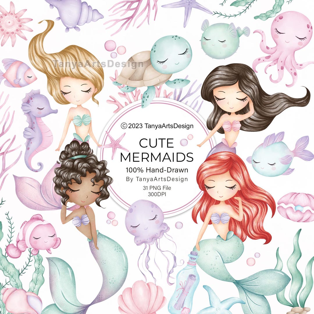 Little Mermaid Clipart, Cute Baby Under the Sea Animals Clipart ...
