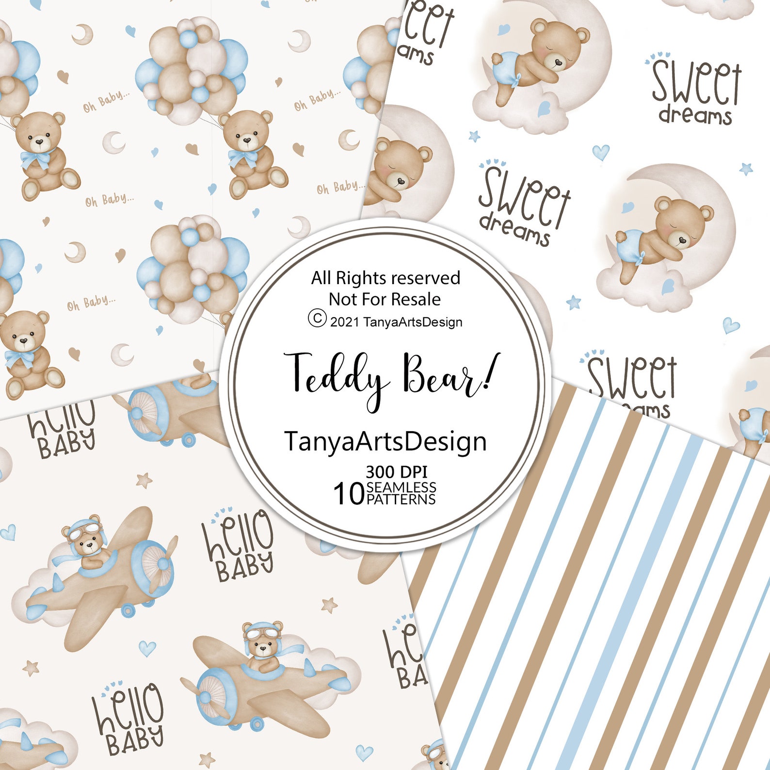 Blue Teddy Bear Digital Paper Watercolor Teddy Bear Seamless - Etsy