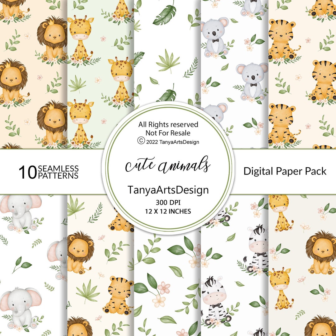 Watercolor Safari Animals Digital Paper, Cute Baby Safari Animals ...