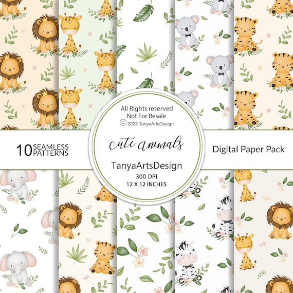 Watercolor Safari Animals Digital Paper Cute Baby Safari - Etsy