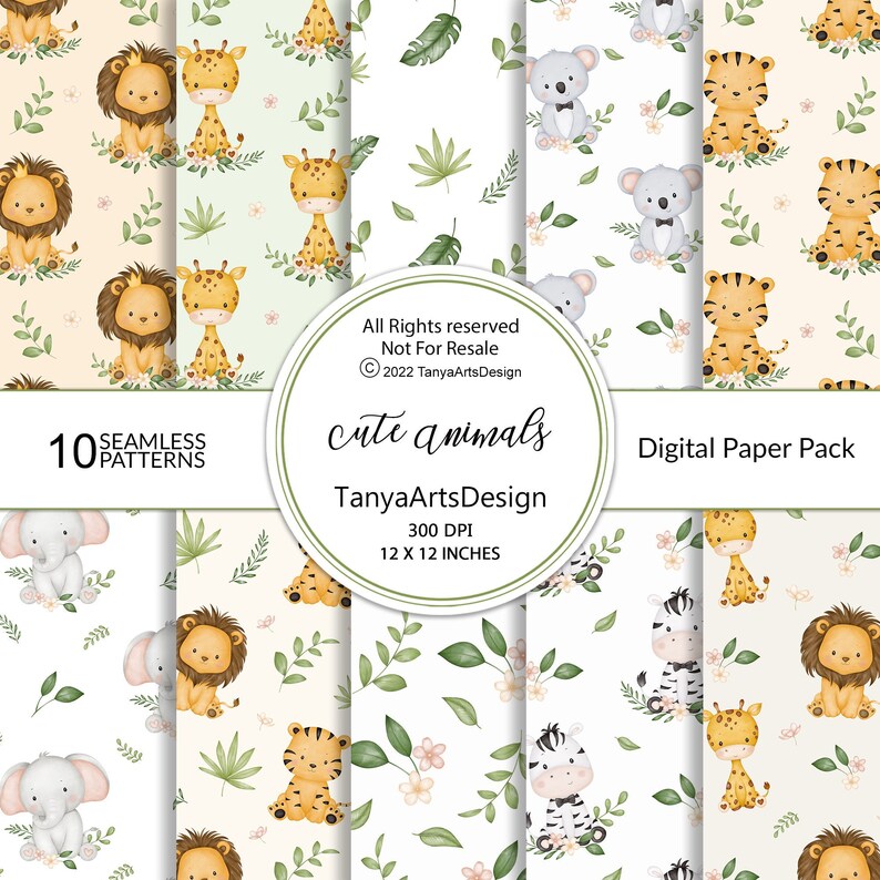 Watercolor Safari Animals Digital Paper Cute Baby Safari - Etsy