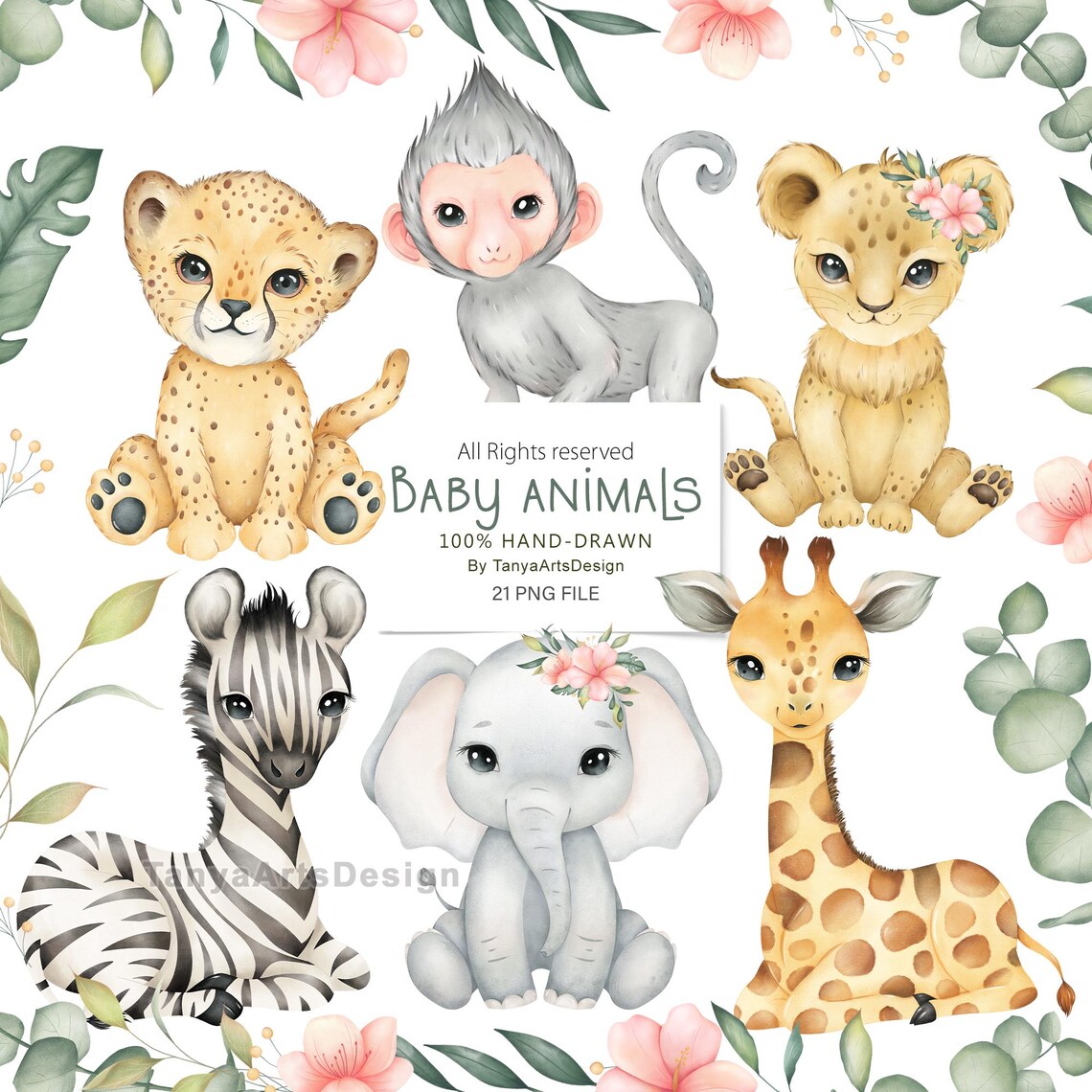 Watercolor Safari Jungle Animals Clipart, Baby Animals, Leopard ...