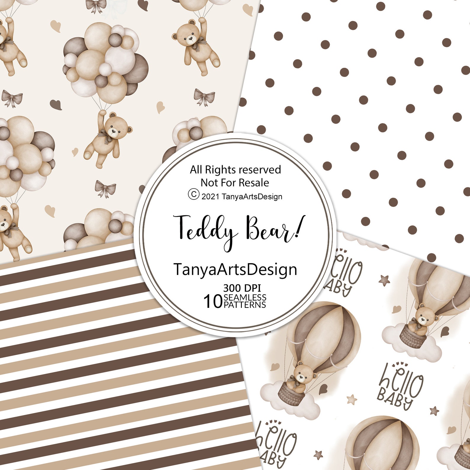 Boho Teddy Bear Digital Paper, Watercolor Teddy Bear Seamless, Nursery ...