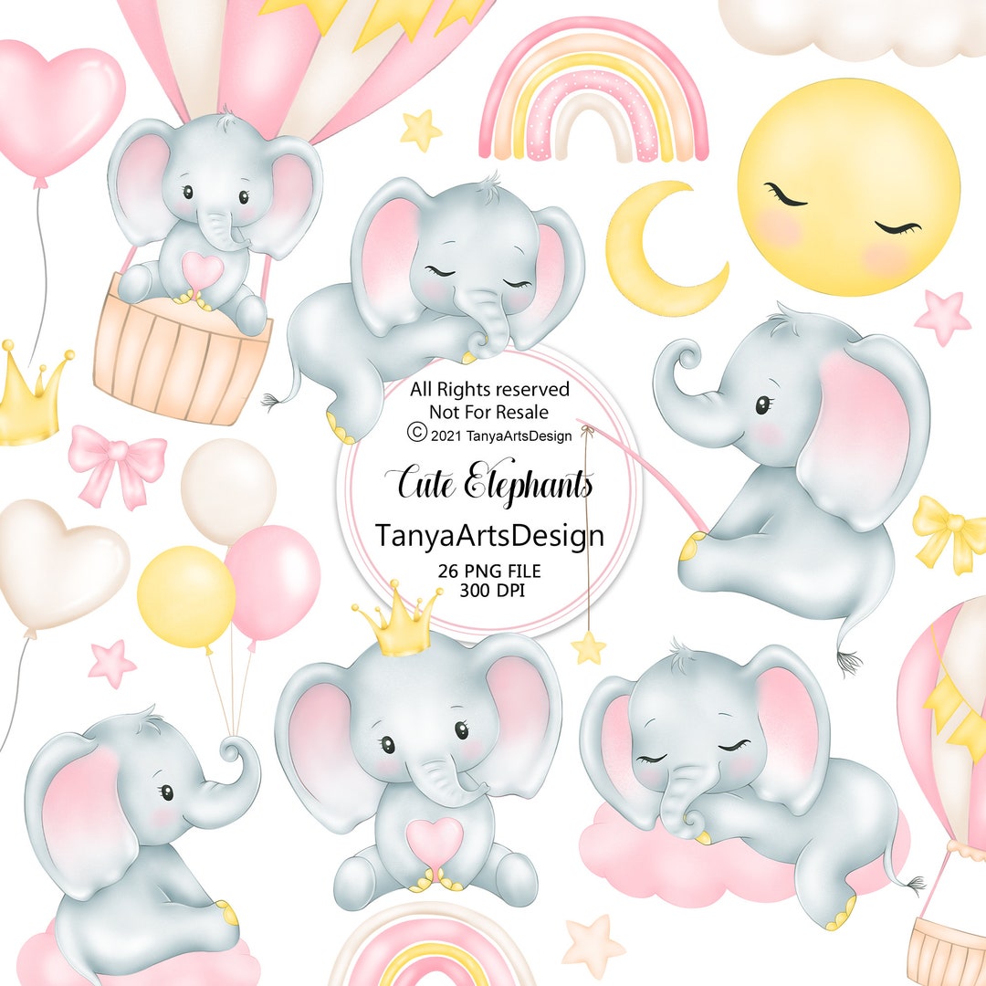 Cute Elephant Clipart, Watercolor Baby Girl Elephant Illustration, Cute ...