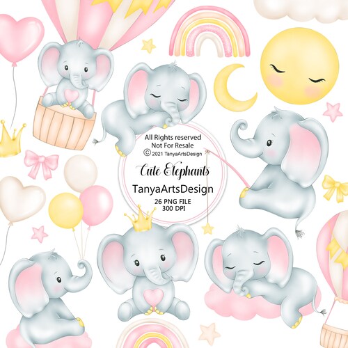 Cute Elephant Clipart Watercolor Baby Girl Elephant - Etsy