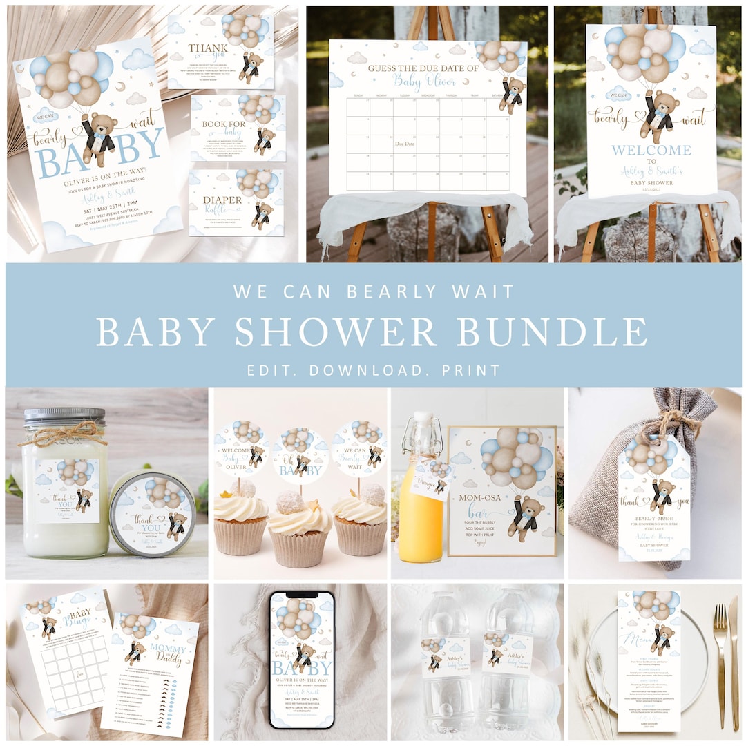 Editable We Can Bearly Wait Baby Shower Bundle Invitation, Blue Mr ...