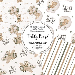 Green Teddy Bear Digital Paper, Watercolor Teddy Bear Seamless, Nursery ...