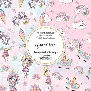Unicorn Digital Paper, Rainbow Seamless Patterns, Unicorn Head Digital ...