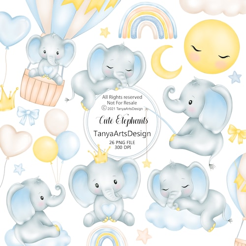 Watercolor Blue Baby Elephant Clipart Graphics Cute Baby Boy - Etsy