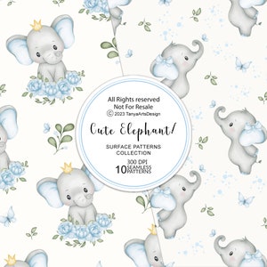 Blue Elephant Digital Paper, Watercolor Elephant Seamless, Nursery Baby ...