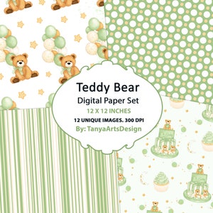 Teddy Bear Digital Paper Set, Baby Boy Digital Paper, Baby Shower Boy ...