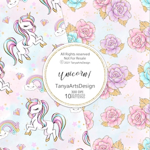 Unicorn Digital Paper, Rainbow Seamless Patterns, Unicorn Head Digital ...
