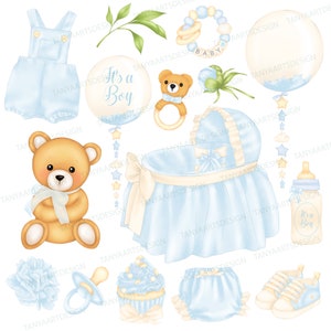 Oh Baby Boy Clipart, Teddy Bear Clipart, Watercolor Baby Shower Clipart ...