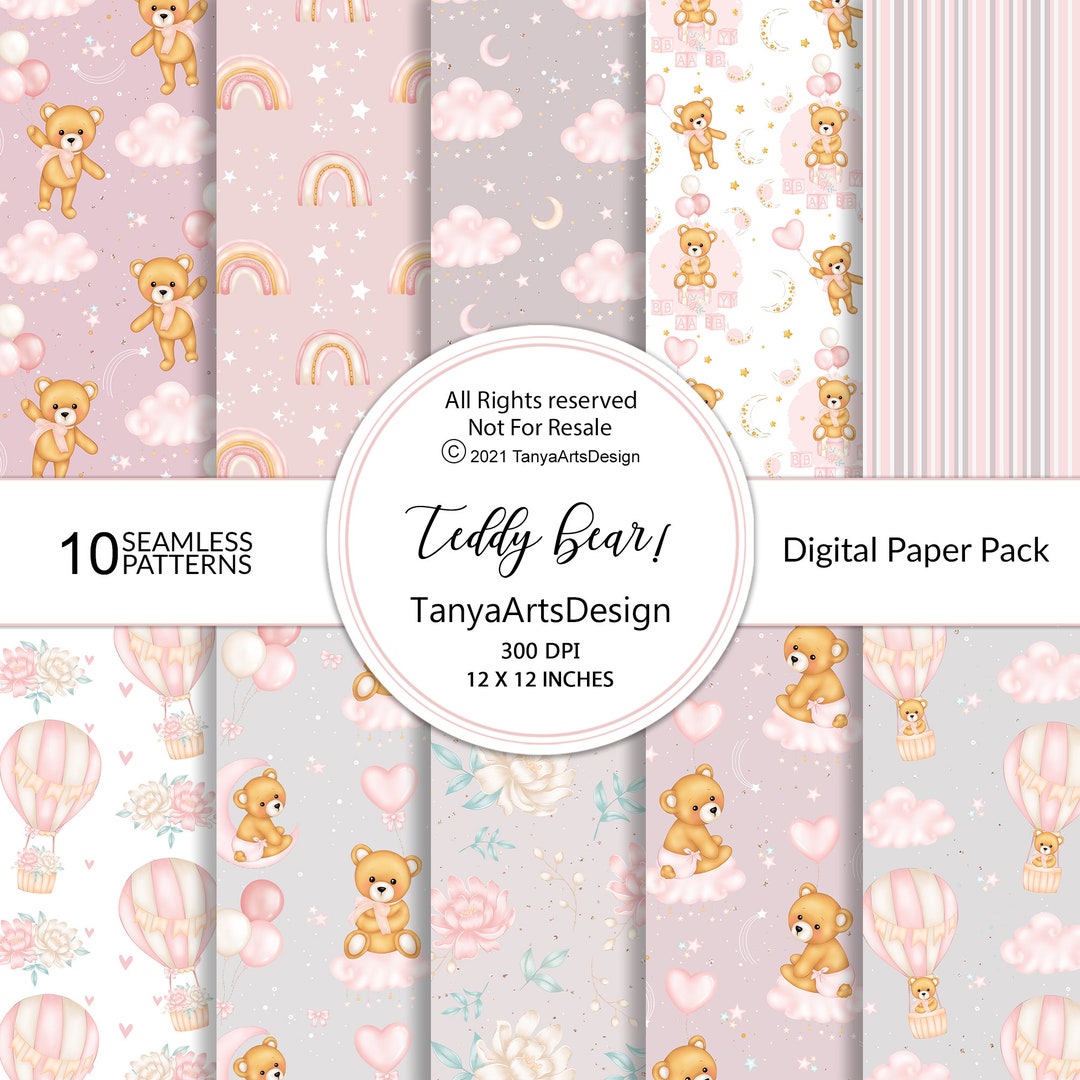 Teddy Bear Digital Paper Set, Baby Girl Digital Paper, Baby Shower Girl ...