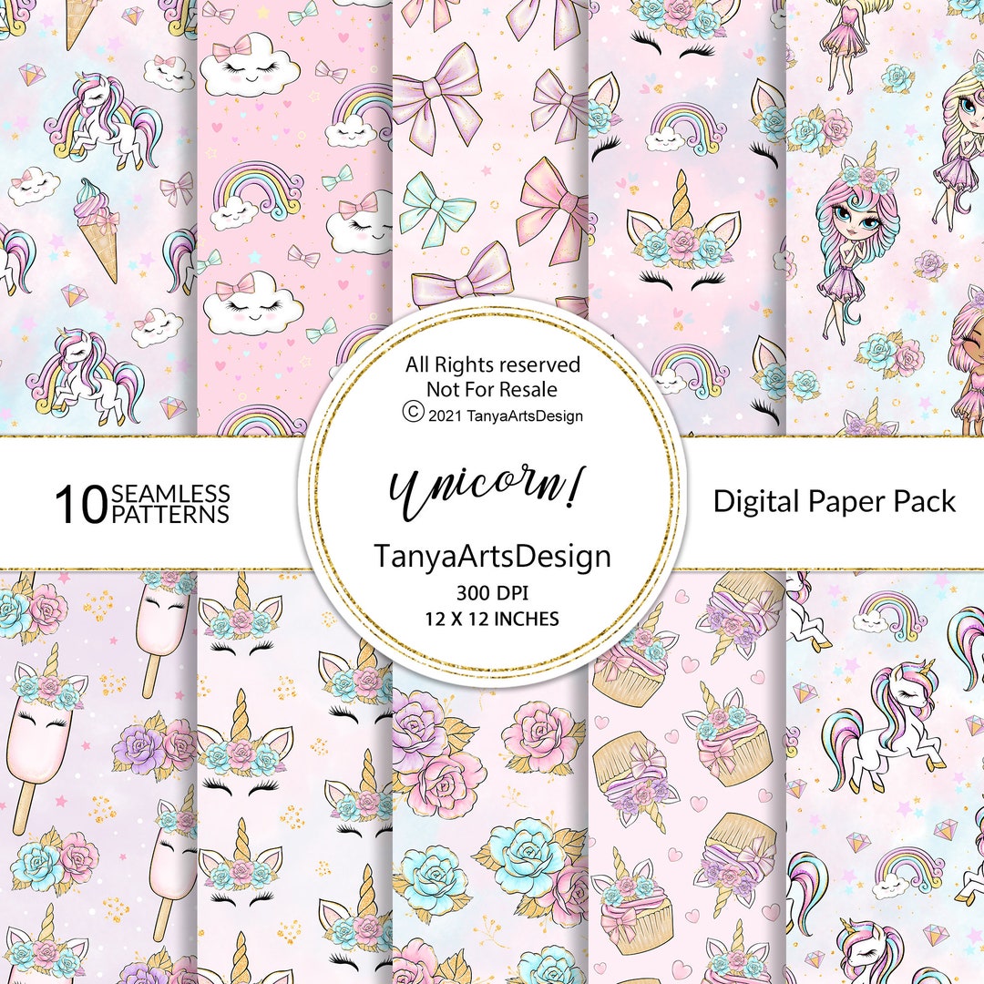 Unicorn Digital Paper, Rainbow Seamless Patterns, Unicorn Head Digital ...