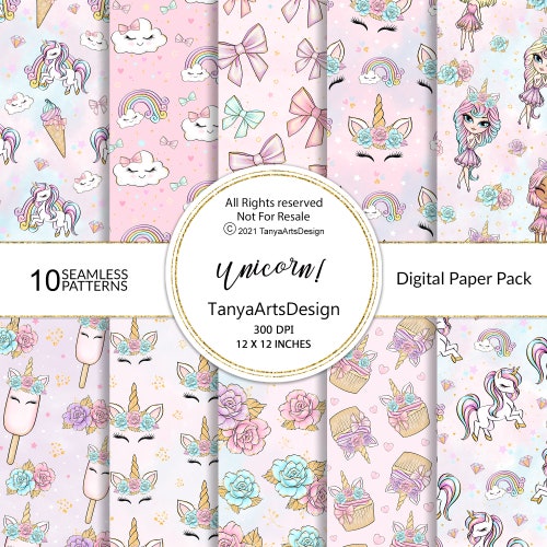 Unicorn Digital Paper Rainbow Seamless Patterns Unicorn Head | Etsy